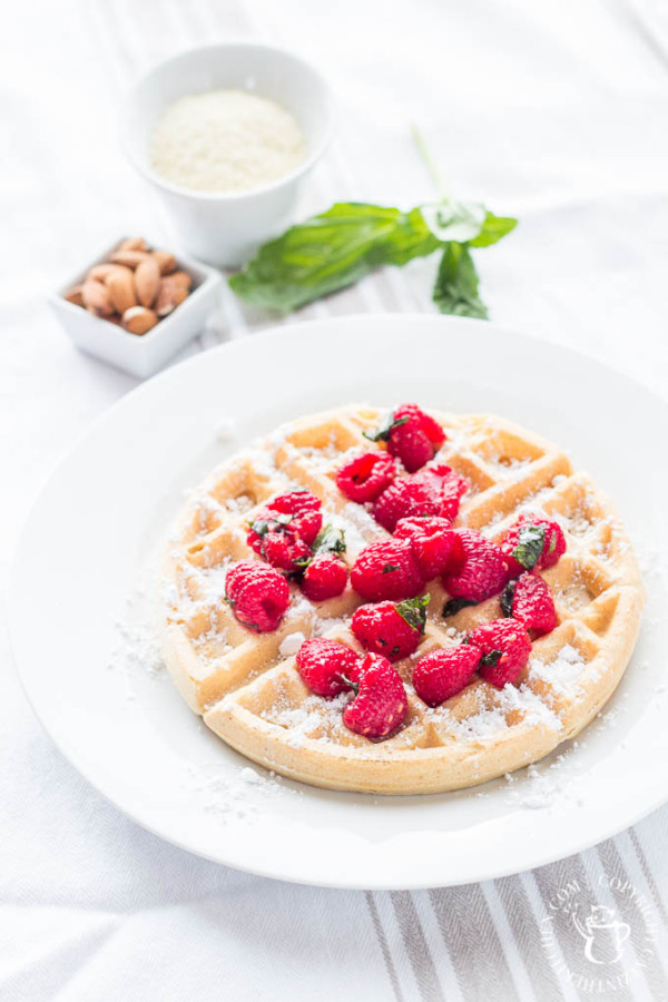 Almond Waffles with Raspberry Basil Sauce - Catz in the Kitchen